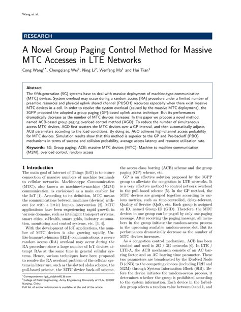 Pdf A Novel Group Paging Control Method For Massive Mtc Accesses In Lte Networks