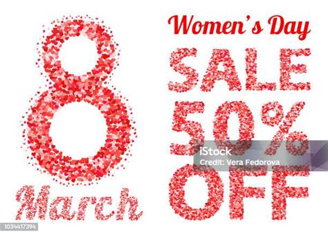 문자와 흩어져 마음 색종이의 숫자와 함께 국제 여성의 날 판매 배너 3 월 8 벡터 그림을 흰색 배경에 고립입니다 디자인 서식 파일을 편집 하 게 쉬운 0명에 대한 스톡