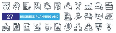 27 개요 웹 비즈니스 계획 및 세미나 브레인 스토밍 인증서 선택 손 분석 동전 솔루션 벡터 얇은 선 아이콘 웹 디자인 모바일 앱과 같은 아이콘 세트 0명에 대한 스톡 벡터