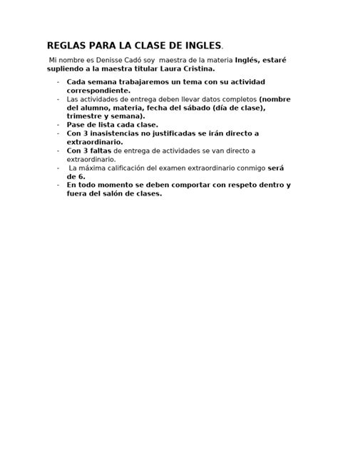Reglas Para La Clase De Ingles Pdf