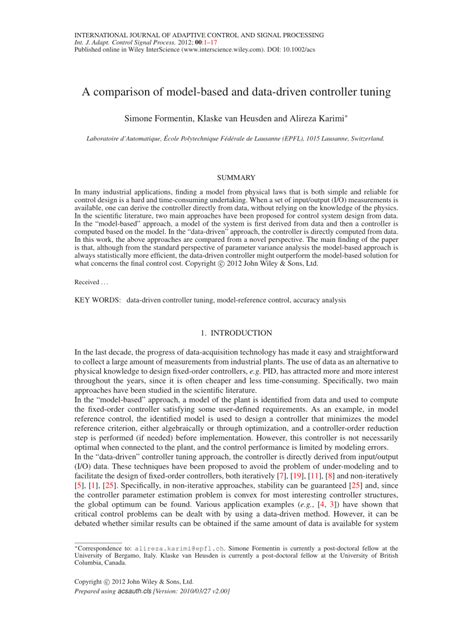Pdf A Comparison Of Model Based And Data Driven Controller Tuning