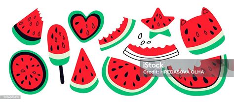 손으로 그린 수박 세트입니다 다양한 스타일의 수박 조각을 특징으로 하는 그림 반원 삼각형 및 하트를 포함한 다양한 모양의 모음 신선한 여름 수박 벡터 개체 그룹에 대한 스톡