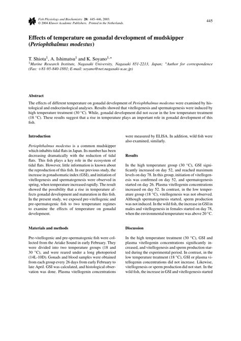Pdf Effects Of Temperature On Gonadal Development Of Mudskipper