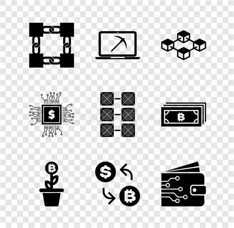 set blockchain technology mining with laptop and pickaxe bitcoin