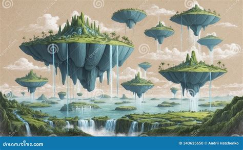 Massive Floating Islands Connected By Waterfalls And Lush Greenery Suspended In Mid Air Stock