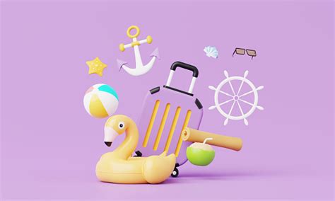 3d 렌더링 여름 휴가 해변 및 바다 아이콘 요소 개체 그룹 휴일 배경 개념 제품 모형 또는 여름 테마의 화장품에 대한 사실적인 디스플레이 미니멀하고 귀여운 디자인 3차원