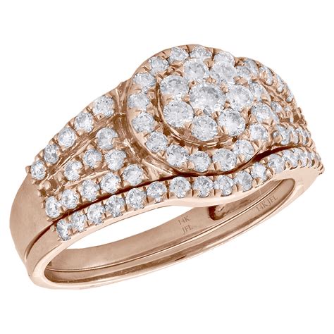 14k Rose Gold Diamond Halo Flower Engagement Ring Wedding Band Bridal
