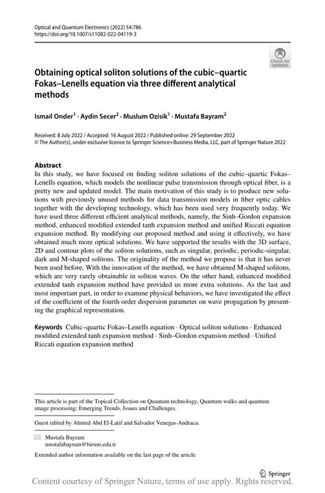 Obtaining Optical Soliton Solutions Of The Cubicquartic Fokaslenells Equation Via Three