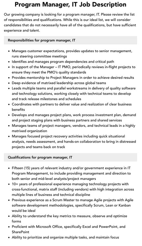 Program Manager It Job Description Velvet Jobs