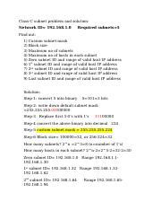 Class C Subnet Example Docx Class C Subnet Problem And Solution Network ID