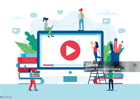 온라인 교육 개념 비디오 책과 연필 화면 작은 사람 문자입니다 플랫 스타일의 벡터 일러스트레이션 전자 학습에 대한 스톡 벡터 아트 및 기타 이미지 Istock