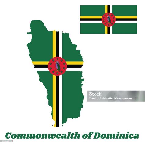 지도 개요와 도미니카를 중심으로 함께 녹색 필드의 국기 10 별에 의해 둘러싸인 Sisserou 앵무새 흑인과 백인 노란색과 빨간색 디스크의 십자가 이름 텍스트 도미니카