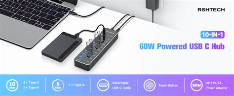 RSHTECH 10 Port Powered USB C Hub 60W USB 3 1 3 2 Hub With 10Gbps USB A 3 2 2 USB C 3 2 7 USB