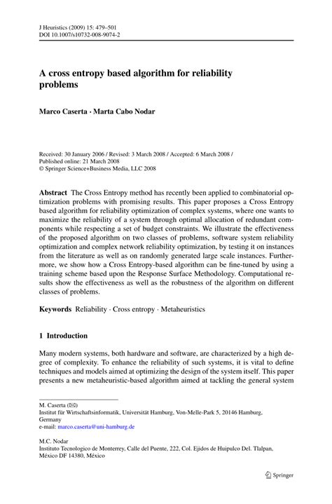 Pdf A Cross Entropy Based Algorithm For Reliability Problems