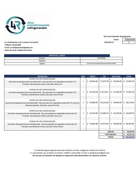 Cotización De Sistemas De Aire Acondicionado Pdf