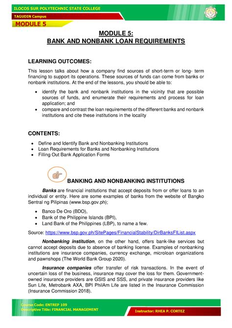 Financial Management Module 5 Course Code Entrep 109 Tagudin Campus Module 5 Module 5 Bank