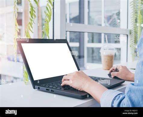 Hands Typing On Black Laptop Computer Keyboard With Blank Copy Space