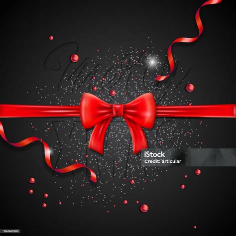 붉은 나비 리본 뱀 검은 배경에 인쇄 술 요소와 메리 크리스마스 일러스트 인사말 카드 파티 초대장 또는 프로 모션 배너 벡터 휴가 디자인 12월에 대한 스톡 벡터 아트 및