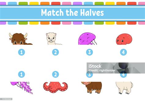 반쪽을 맞추십시오 교육 개발 워크 시트 아이들을위한 매칭 게임 색상 활동 페이지 아이들을위한 수수께끼 귀여운 캐릭터 벡터 일러스트레이션 만화 스타일 0명에 대한 스톡 벡터