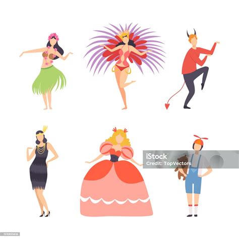 카니발 또는 파티 의류 벡터 일러스트레이션 세트를 착용하는 남녀 캐릭터 사육제에 대한 스톡 벡터 아트 및 기타 이미지 사육제