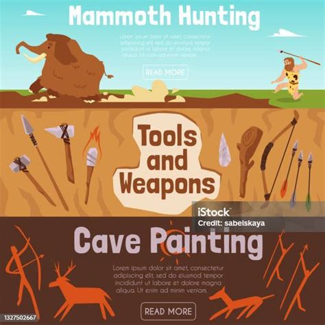 석기 시대의 선사 시대 동굴 사람들의 삶의 주제에 플랫 벡터 배너 세트 고기에 대한 스톡 벡터 아트 및 기타 이미지 고기 고대 문명 고대의 Istock