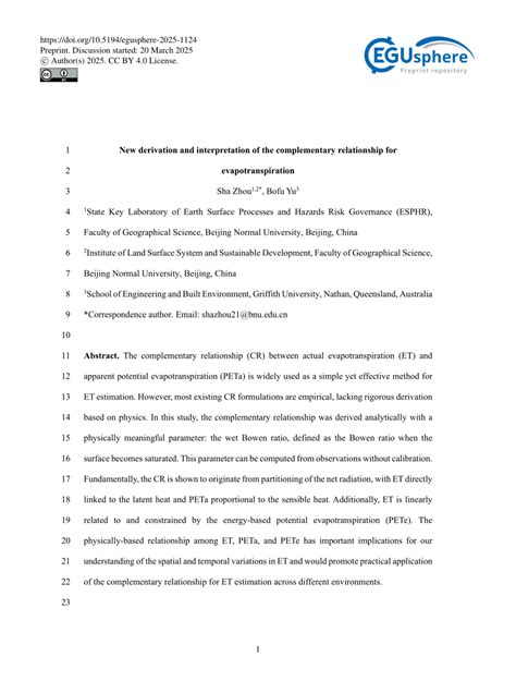 Pdf New Derivation And Interpretation Of The Complementary Relationship For Evapotranspiration