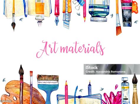 팔레트 브러쉬 펜 메모장 및 튜브 직사각형 프레임의 상단과 하단에 아티스트 재료 손으로 그린 수채화 일러스트 꼭대기에 대한 스톡 벡터 아트 및 기타 이미지 Istock
