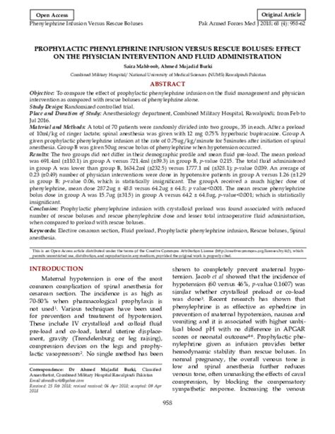 Pdf Prophylactic Phenylephrine Infusion Versus Rescue Boluses Effect