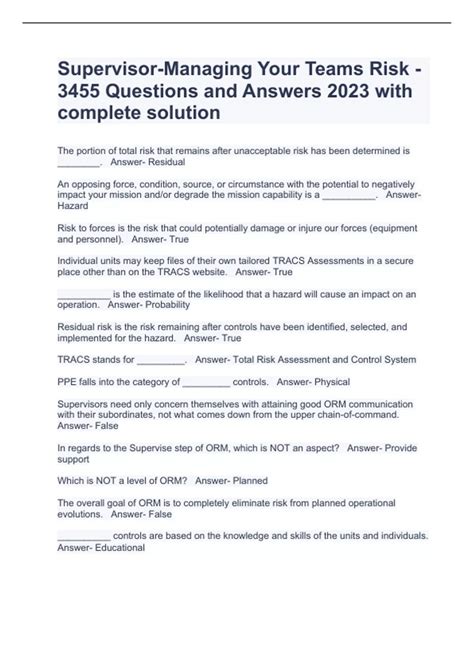 supervisor managing your teams risk 3455 questions and answers 2023