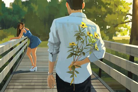 Фото Девушка смотрит на парня который держит цветы за спиной By Shin Jong Hun