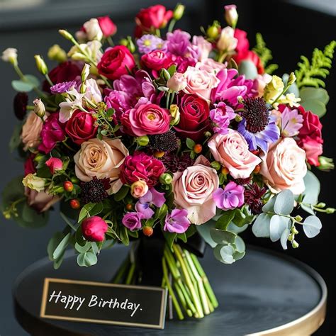 Premium Photo A Bouquet Of Flowers With A Card That Says Happy Birthday