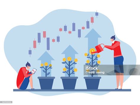 동전 관엽 식물에 물을 뿌리는 여자 나무가 자랍니다 성공적인 투자자 모니터링 수입 투자 및 금융 성장 사업 개념 벡터
