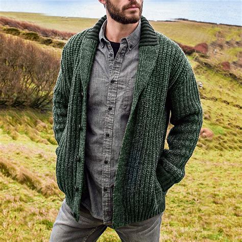Sweaters For Men Cable Knit Cardigan Shawl Collar Loose Fit Long Sleeve