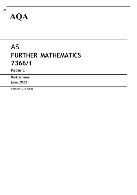 Aqa As Further Mathematics Paper 1 June 2023 Mark Scheme As Further Mathematics Stuvia Uk