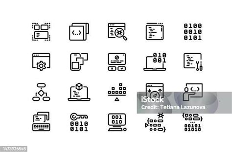 코딩 라인 아이콘 프로그램 코드 편집 실행 및 디버깅 소프트웨어 아키텍처 응용 프로그램 개발 및 최적화 벡터 편집 가능한 획 개념에 대한 스톡 벡터 아트 및 기타 이미지