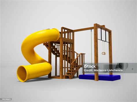 그림자와 회색 배경에 스포츠 게임 3d 렌더링에 대 한 어린이 나무 밧줄을 위한 나선형 슬라이드 곡선에 대한 스톡 사진 및 기타 이미지 Istock