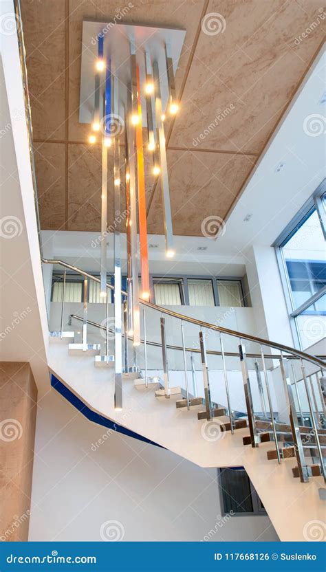 High Tech Metal Chandelier In An Office Building Stock Photo Image Of Steps Interior