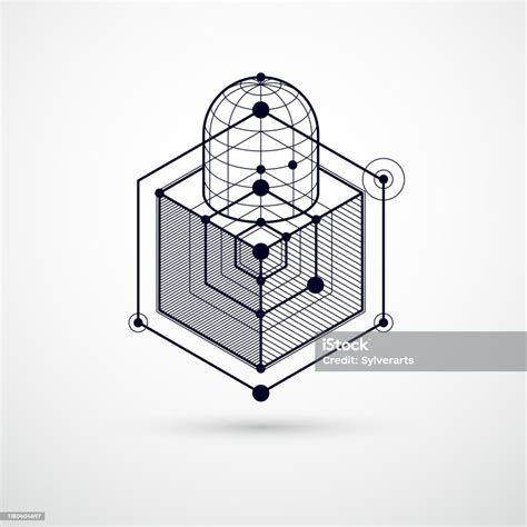 선과 모양 추상 벡터 아이소메트릭 3d 흑백 배경 엔진 또는 엔지니어링 메커니즘의 추상적 구성표 큐브 육각형 사각형 사각형 및 다른 요소의 레이아웃 0명에 대한 스톡 벡터