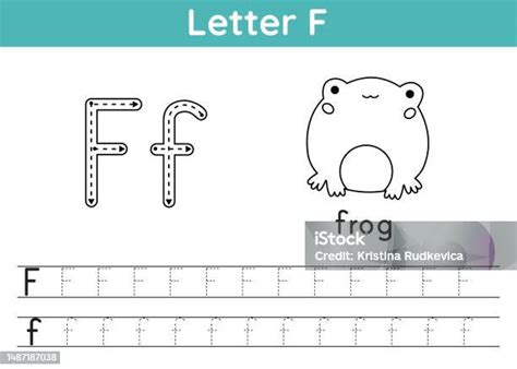 알파벳 Abc Az 운동 색칠하기 페이지 추적 문자 F 영어 어휘 색칠 공부 귀여운 카와이 개구리 인쇄 가능한 활동 워크시트 교육용 게임 벡터 그림 공부에 대한 스톡 벡터