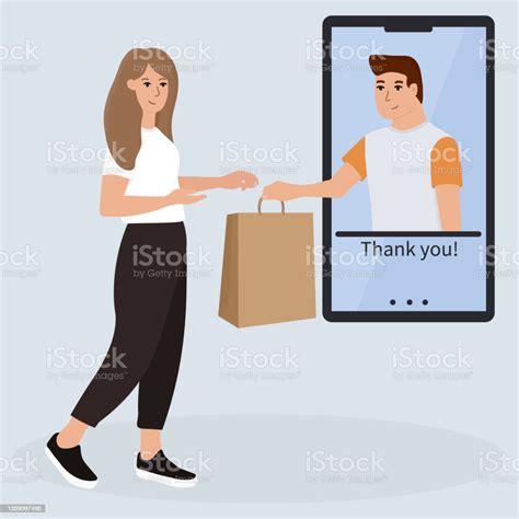 모바일 스마트폰을 이용한 인터넷 온라인 쇼핑 택배는 고객에게 소포를 제공합니다 Brand Name Smart Phone에 대한 스톡 벡터 아트 및 기타 이미지 Brand