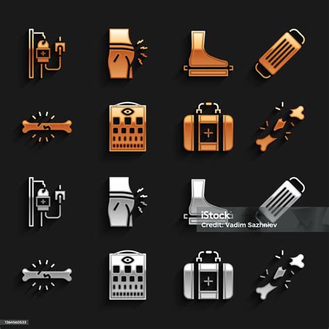 세트 눈 테스트 차트 의료 보호 마스크 인간 부러진 뼈 응급 처치 키트 뼈 통증 평평한 발 Iv 가방 및 복부 팽만감 아이콘 벡터 가방에 대한 스톡 벡터 아트 및 기타