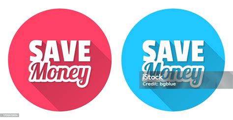 돈을 절약하십시오 빨간색 또는 파란색 배경에 긴 그림자가 있는 둥근 아이콘 0명에 대한 스톡 벡터 아트 및 기타 이미지 0명 가격 개념 Istock
