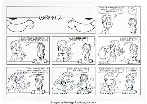 Jim Davis Garfield Sunday New Years Comic Strip Original Art Dated