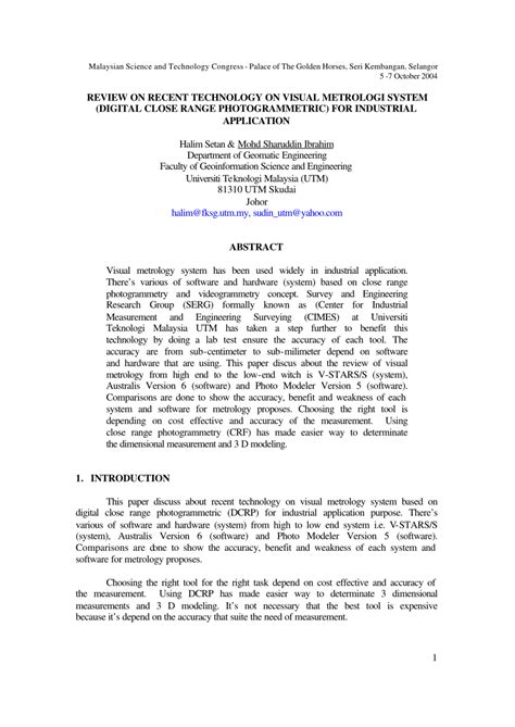 Pdf Review On Recent Technology On Visual Metrology System Digital Close Range