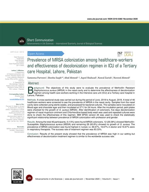 Pdf Prevalence Of Mrsa Colonization Among Healthcare Workers And Effectiveness Of