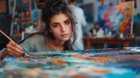 Premium Photo Portrait Of A Young Female Artist Painting A Picture In