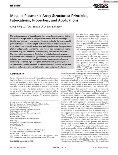 Pdf Metallic Plasmonic Array Structures Principles Fabrications Properties And Applications