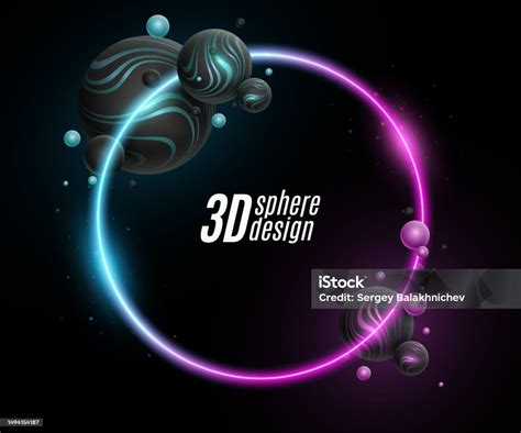 미래 지향적인 트렌디한 반짝이는 네온 서클 배너에는 줄무늬 패턴으로 질감이 있는 빛나는 역동적인 3d 구체가 있습니다 마법의 먼지로 빛나는 미래형 프레임 벡터 그림입니다 3