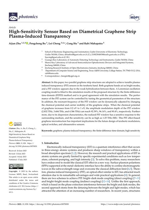 Pdf High Sensitivity Sensor Based On Diametrical Graphene Strip Plasma Induced Transparency