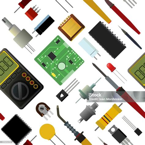 라디오 구성 요소 집합입니다 배경 이미지 무선 회로용 요소 원활한 패턴 흰색으로 격리된 개체입니다 전자 세부 사항 벡터 0명에 대한 스톡 벡터 아트 및 기타 이미지 Istock
